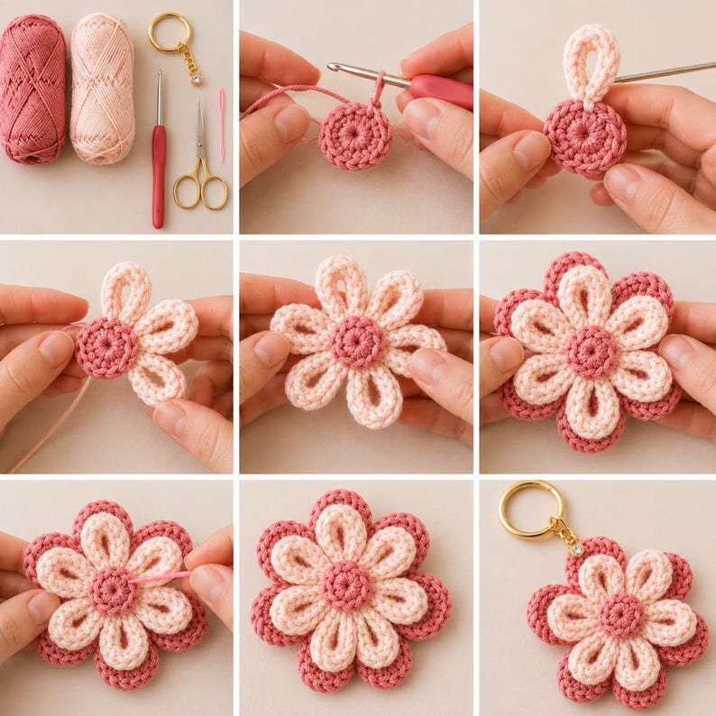 Crocheted Flower Keychain Pattern | Layered Petal Bag Charm DIY (PDF ...