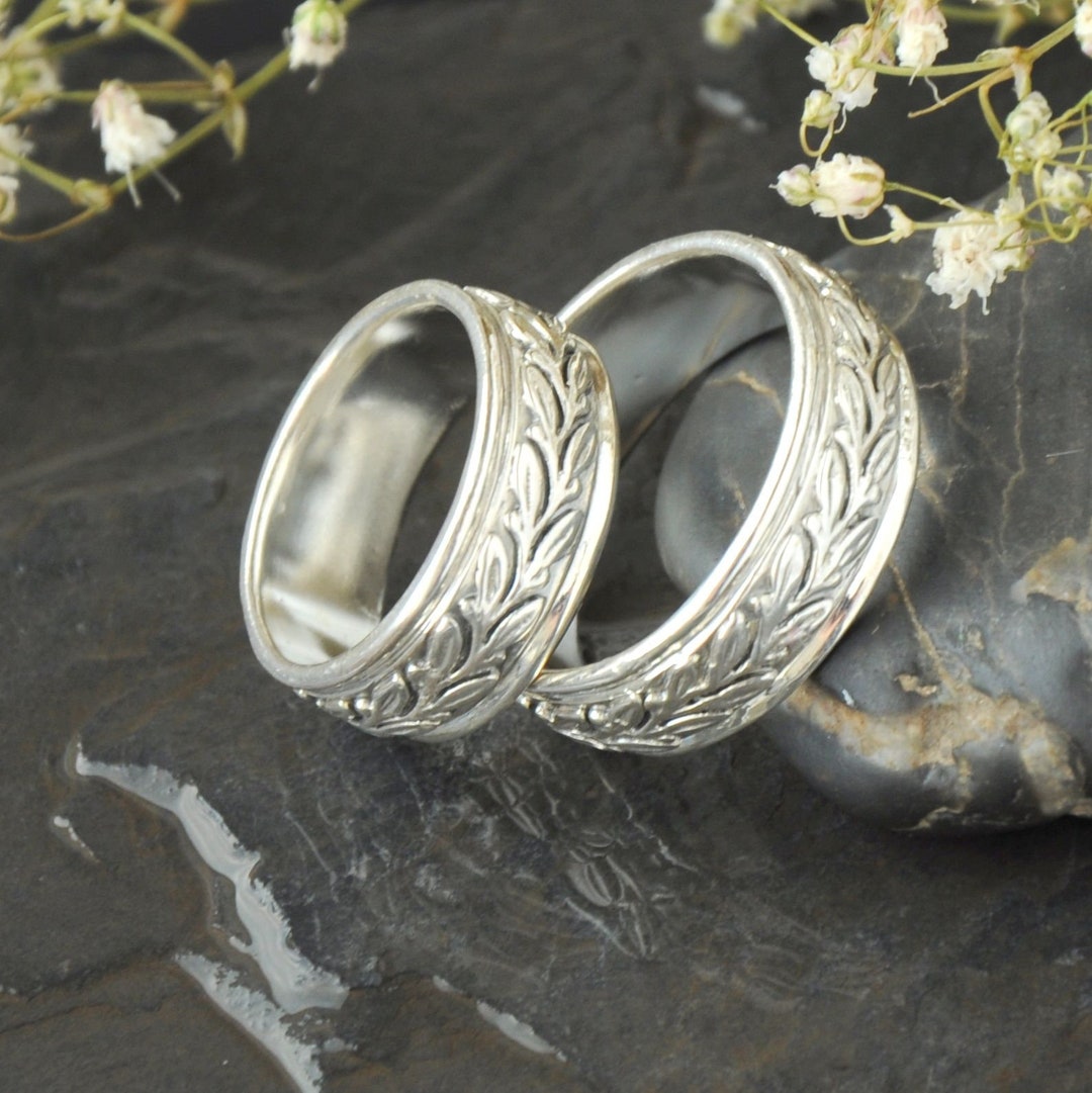 14ct White Gold Elven Wedding Bands Gold 585/1000 Leaf Wedding Band ...