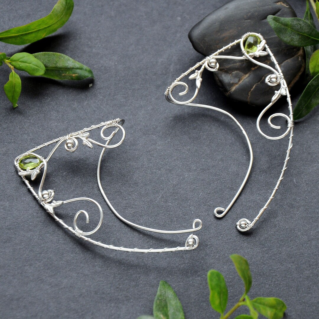 Melian Elf Ear Cuffs PAIR Peridot Leaf Sterling Silver Elven Cuff Ear ...