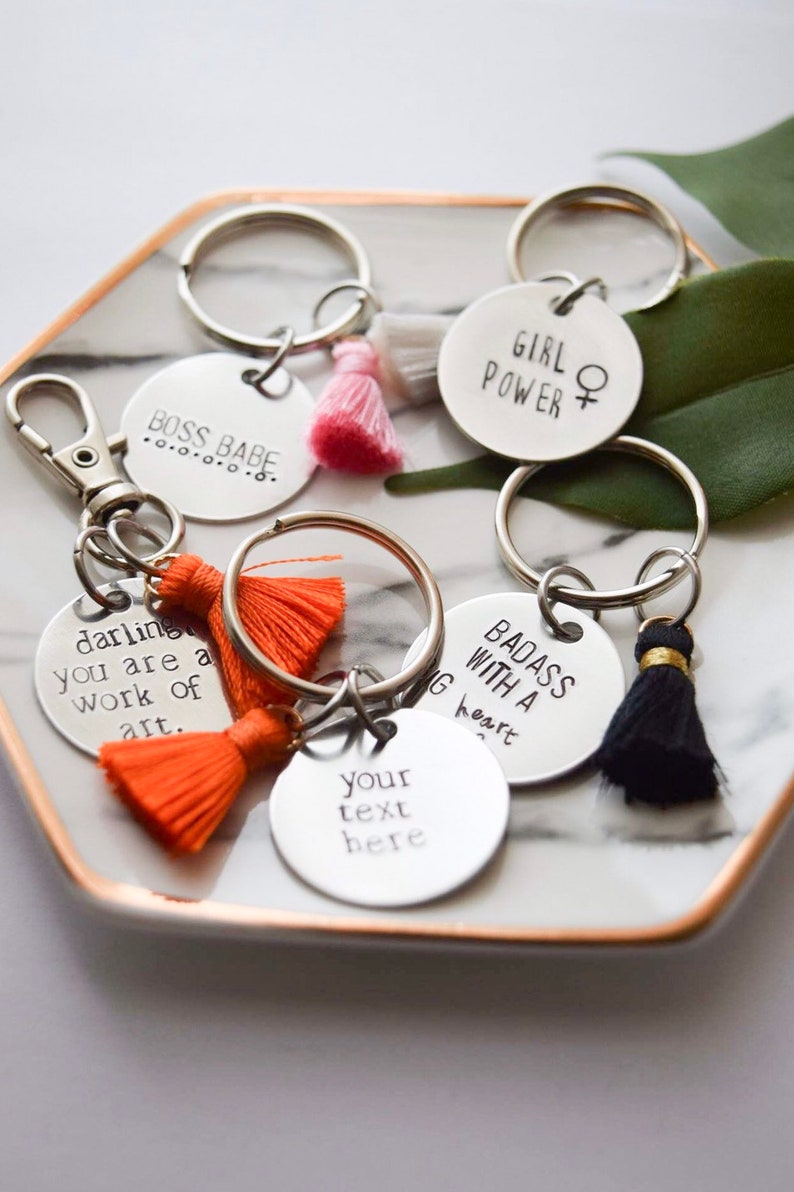 Hand Stamped Flower Bouquet Keychain | Tassel Key Ring | Inspirational ...