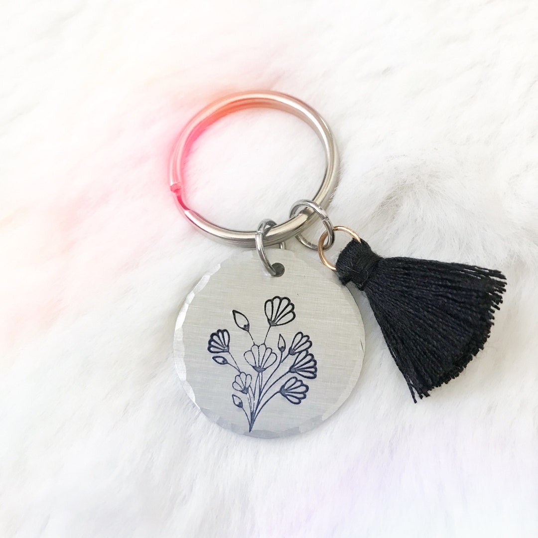 Hand Stamped Flower Bouquet Keychain | Tassel Key Ring | Inspirational ...