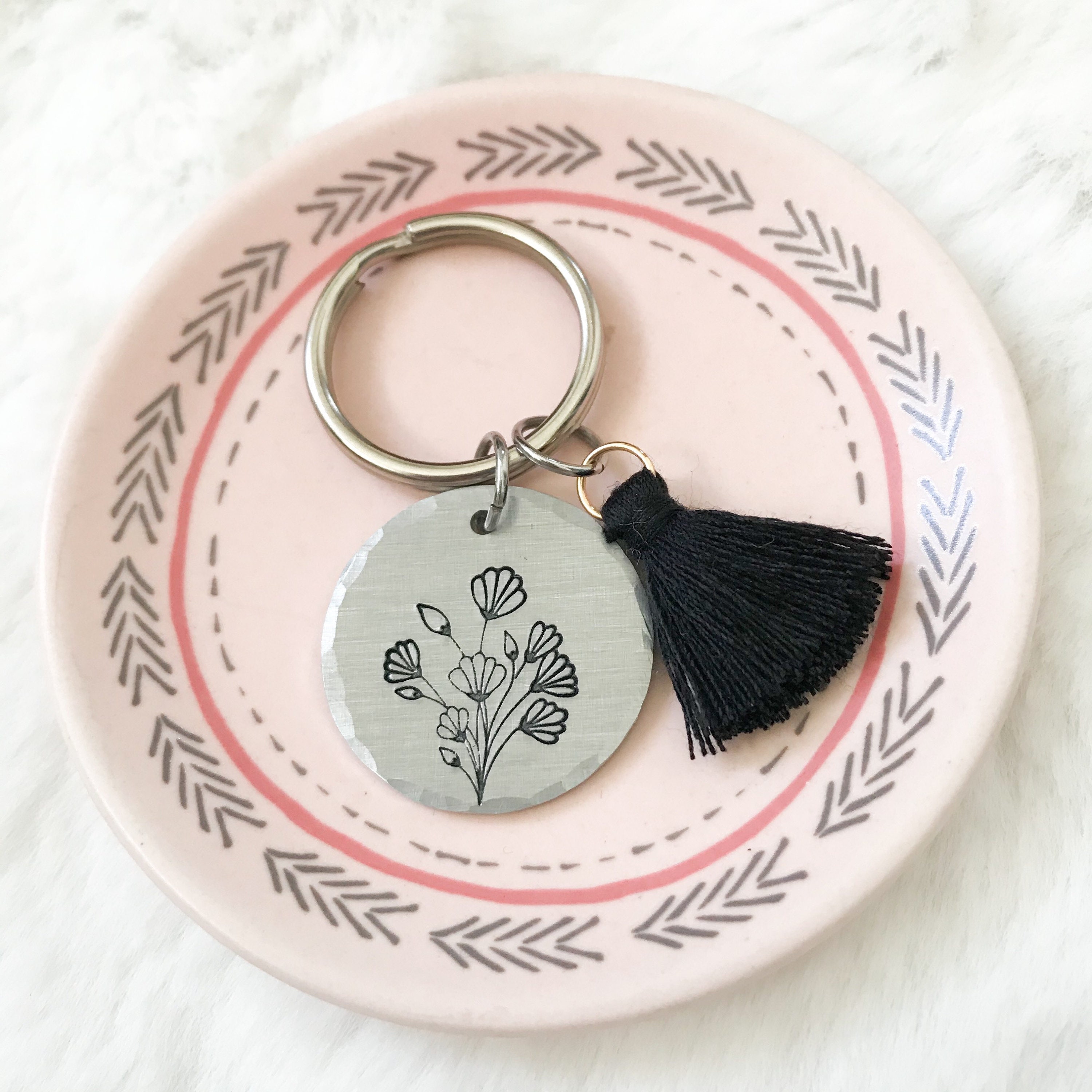 Hand Stamped Flower Bouquet Keychain Tassel Key Ring | Etsy