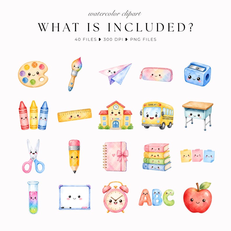 Back to School Doodle Alphabet Bundle PNG, Watercolor Clipart, Cute ...