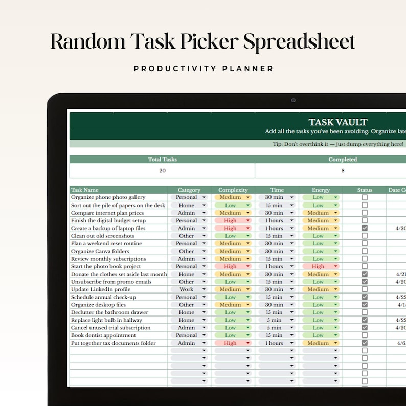 ADHD Planner Google Sheets | Random Task Picker | Productivity Planner ...