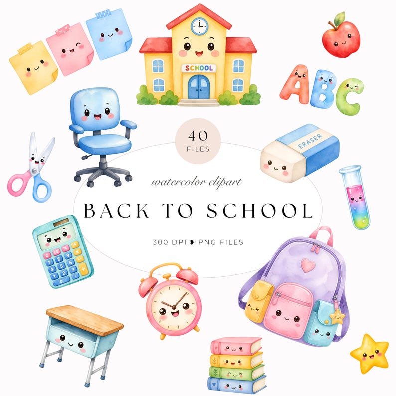 Back to School Doodle Alphabet Bundle PNG, Watercolor Clipart, Cute ...