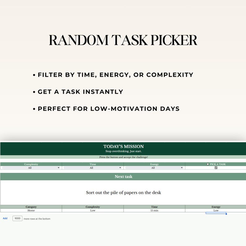 ADHD Planner Google Sheets | Random Task Picker | Productivity Planner ...