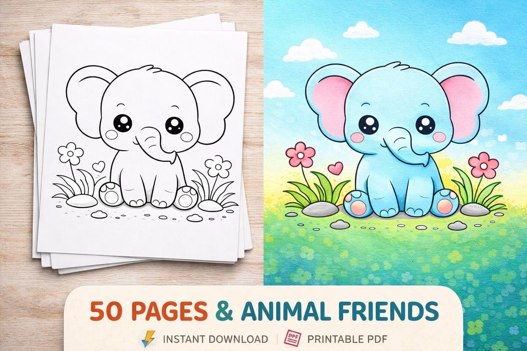 50 Animal Coloring Pages, Toddler Activity Book, Bold Lines, Printable ...