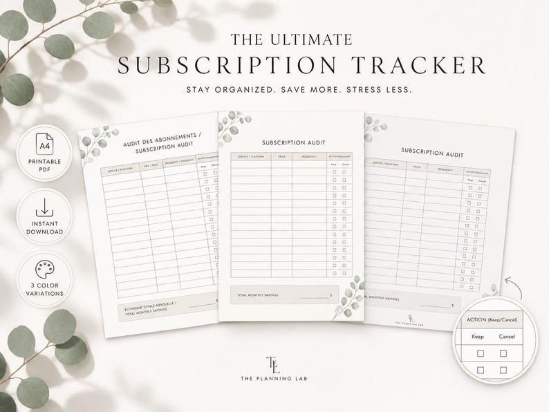 Printable PDF Subscription Audit | A4 Subscription Tracker | Monthly ...