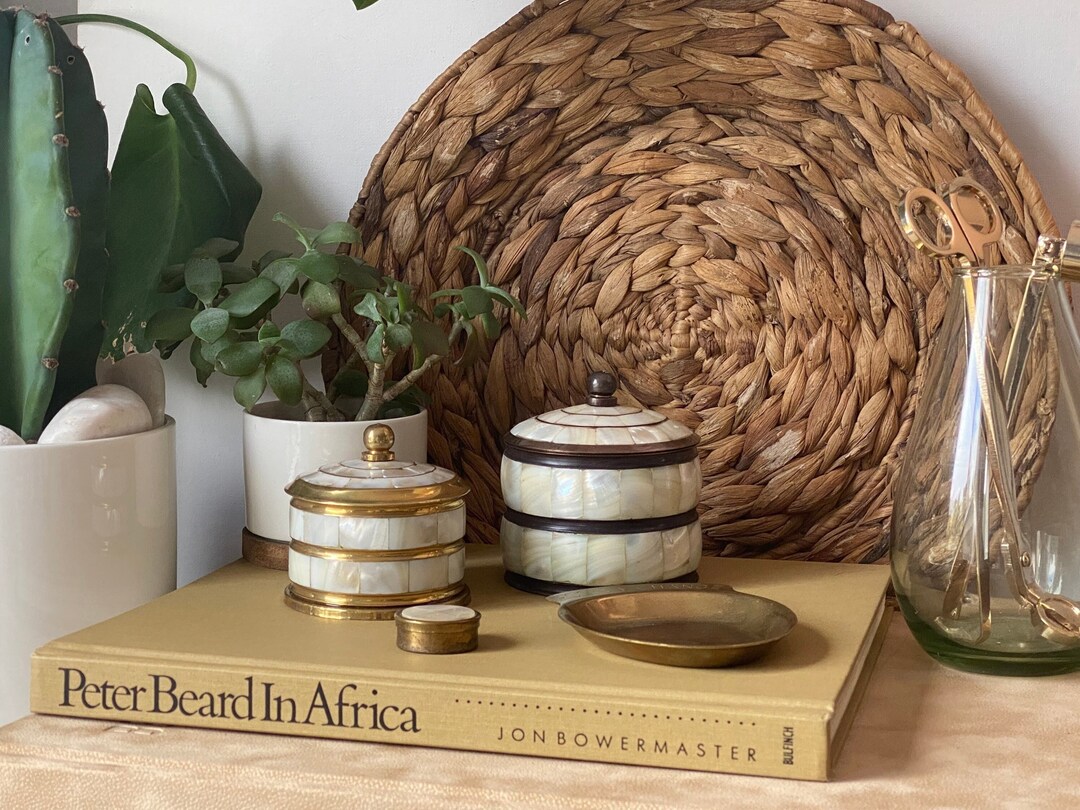 Alana Box Small Vintage Round Brass and Abalone Shell Mother of Pearl ...