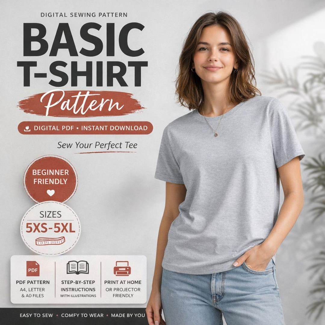 Unisex T Shirt Sewing Pattern PDF, Basic Tee Pattern, Digital Download ...