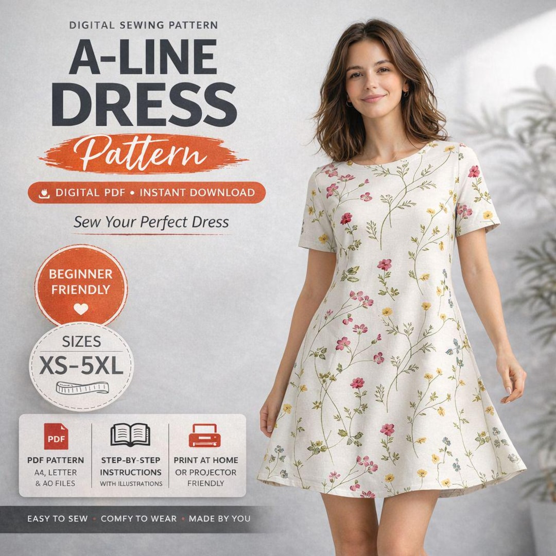 A-line Dress Sewing Pattern PDF, XS–5XL, Easy Dress Pattern, Beginner ...