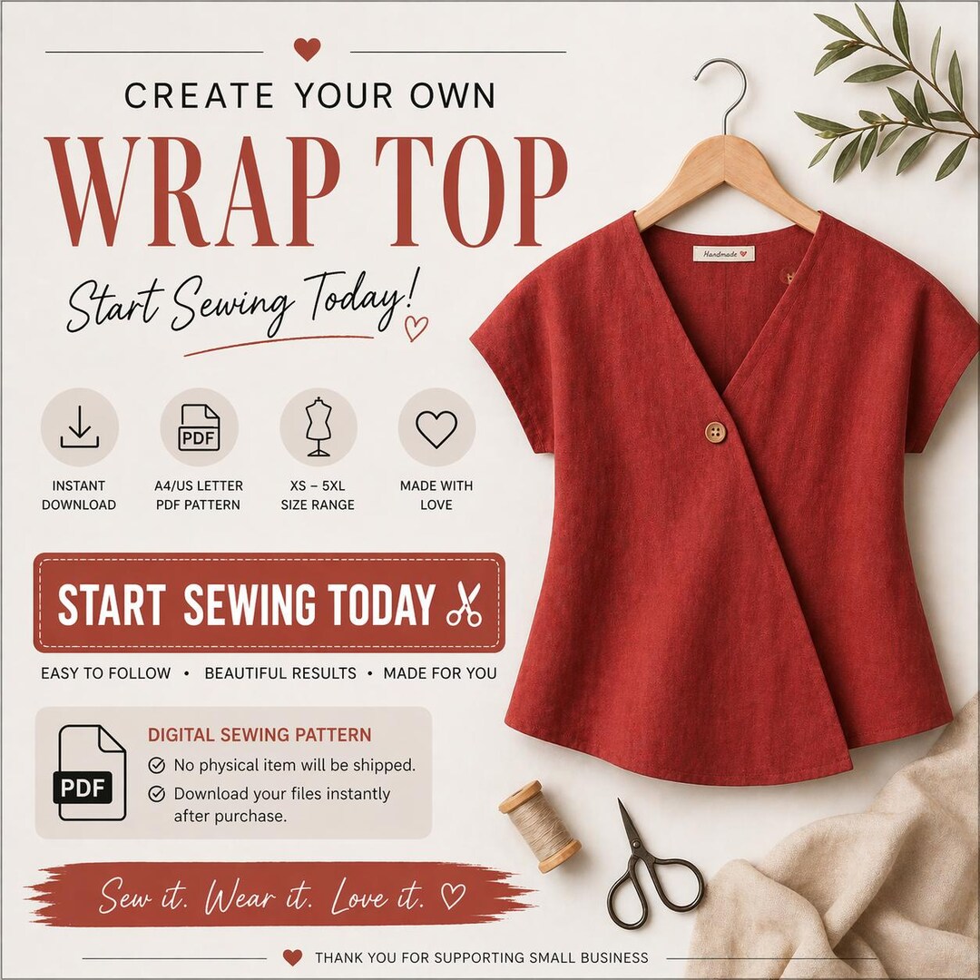Wrap Top Sewing Pattern PDF, Kimono Blouse Pattern, XS–5XL, Easy ...