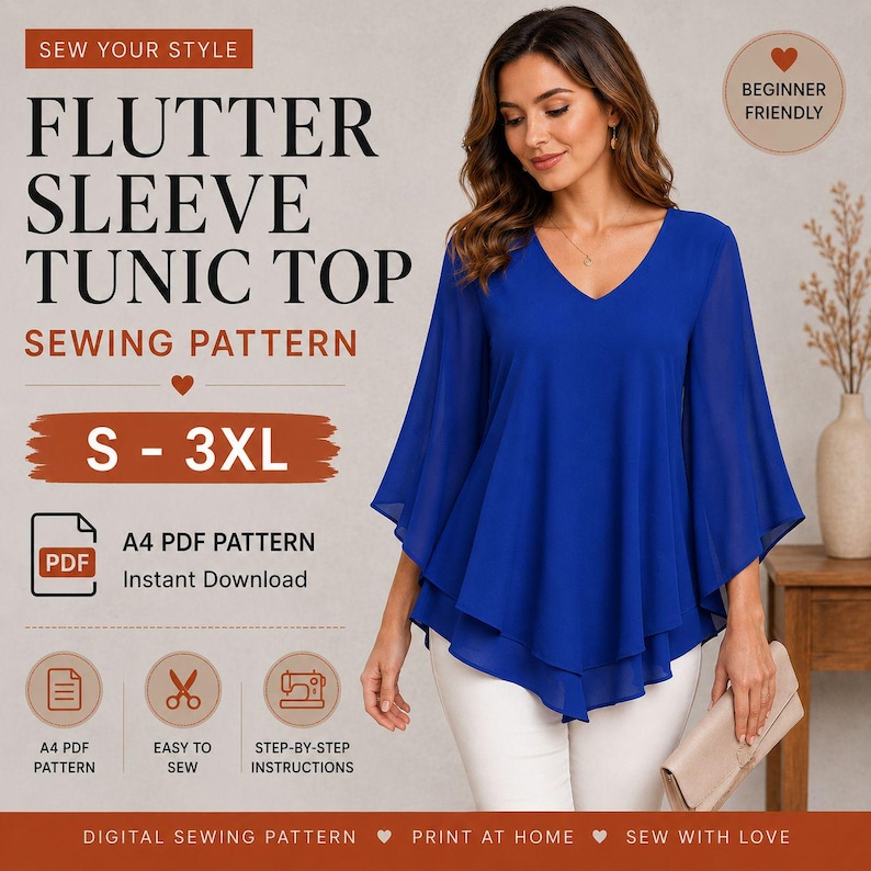 Flutter Sleeve Tunic Top Sewing Pattern PDF, Asymmetrical Hem Blouse ...