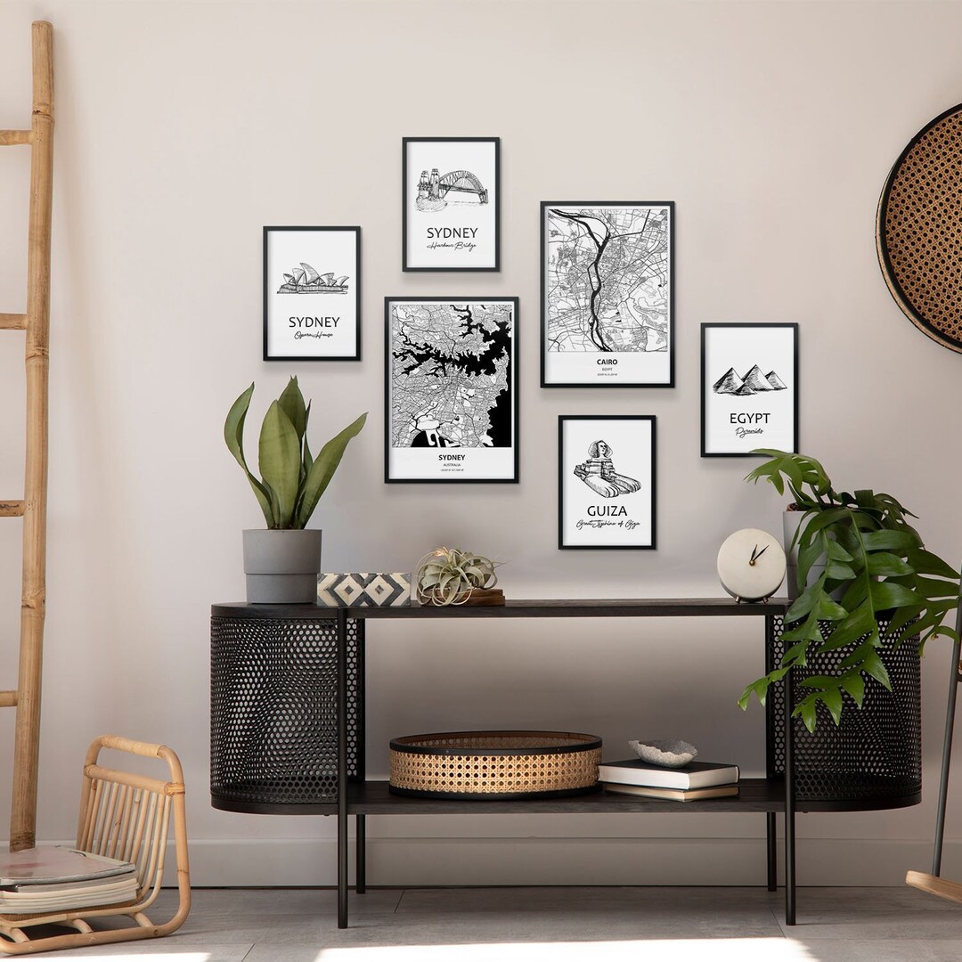 Set of 6 Maps Prints Cities and Monuments in Black and White. Nordic ...