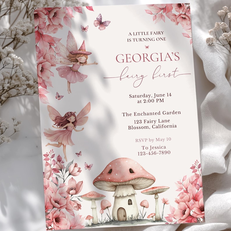 Fairy First Birthday Invitation Girl | Editable Fairy Garden Party ...