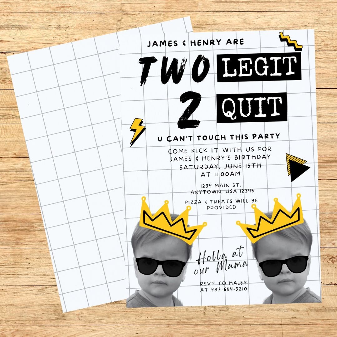 Twin Two Legit 2 Quit Birthday Invitation – Editable Photo Template ...