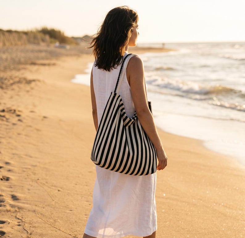 Striped Canvas Tote Bag, Large Capacity Shoulder Bag, Minimalist Beach ...
