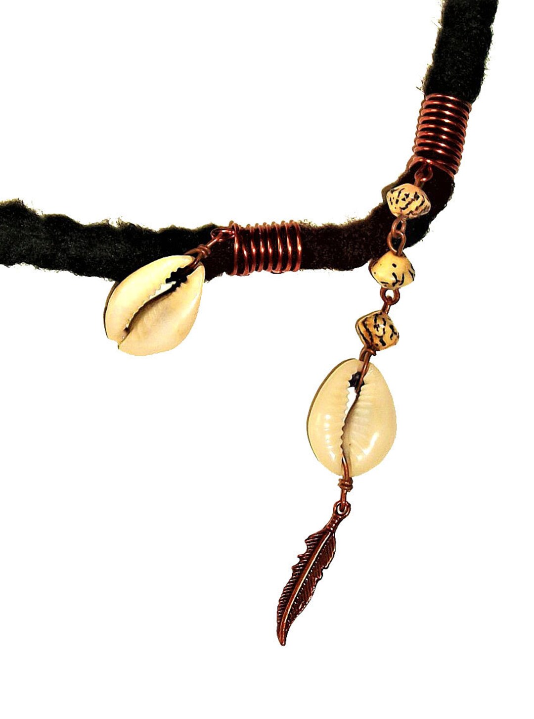Dreadlock Jewelry Cowrie, Betel Nut Beads, and Antique Copper Feather ...