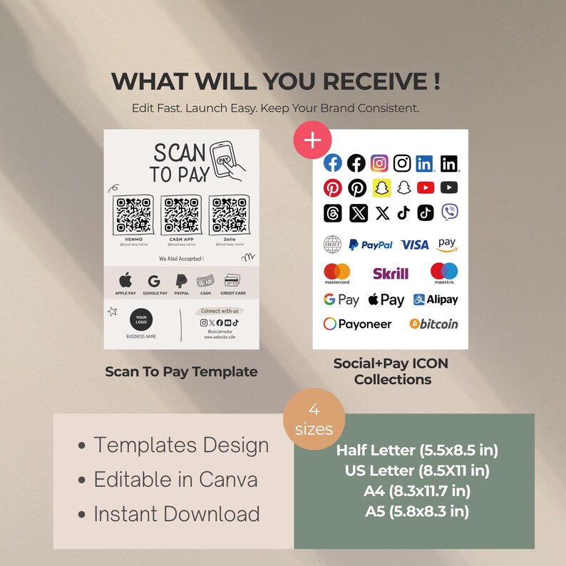 Scan to Pay Sign Canva Template | QR Code Payment Printable for Small ...