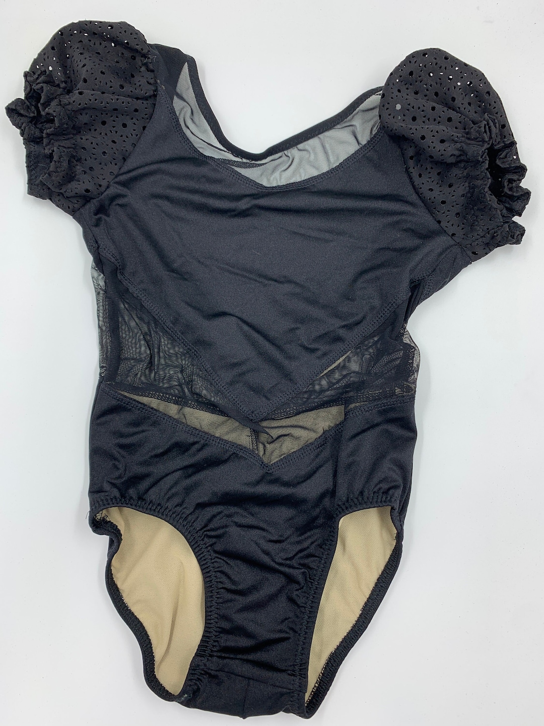 Child XL Black Leotard With Mesh Inserts and Puffed Sleeves - Etsy