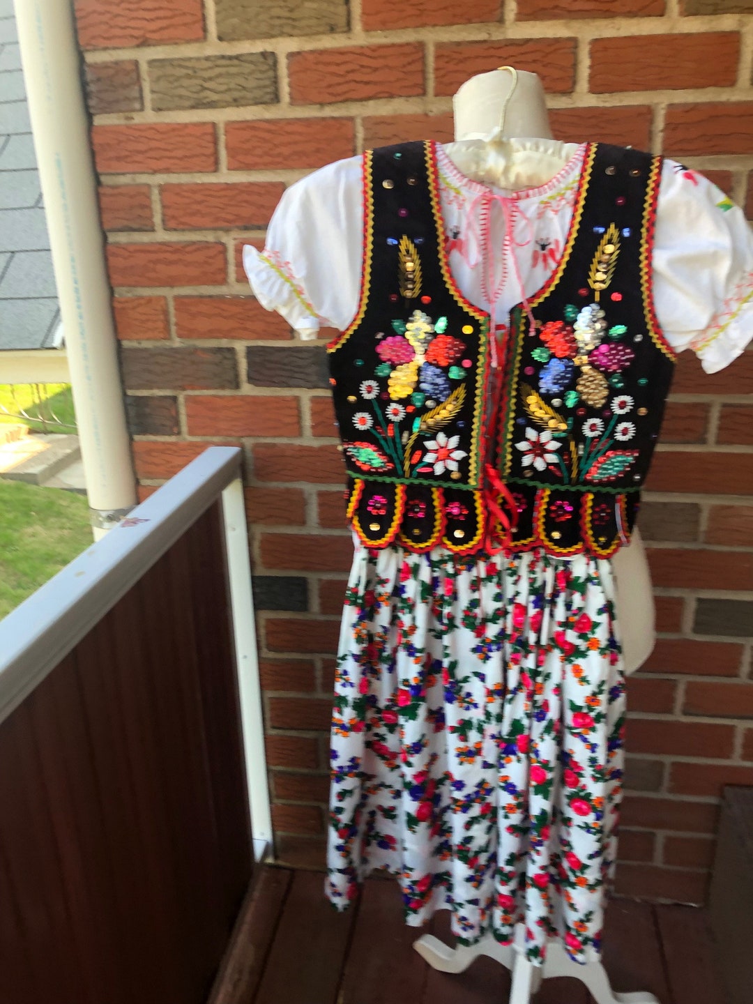 Girls 3 Piece Krakowianki Polish Costume Beaded Vest, Floral Skirt ...