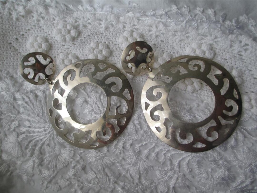 Large Sterling Silver Open Work Round Dangle Earrings, Cut Out Vintage ...