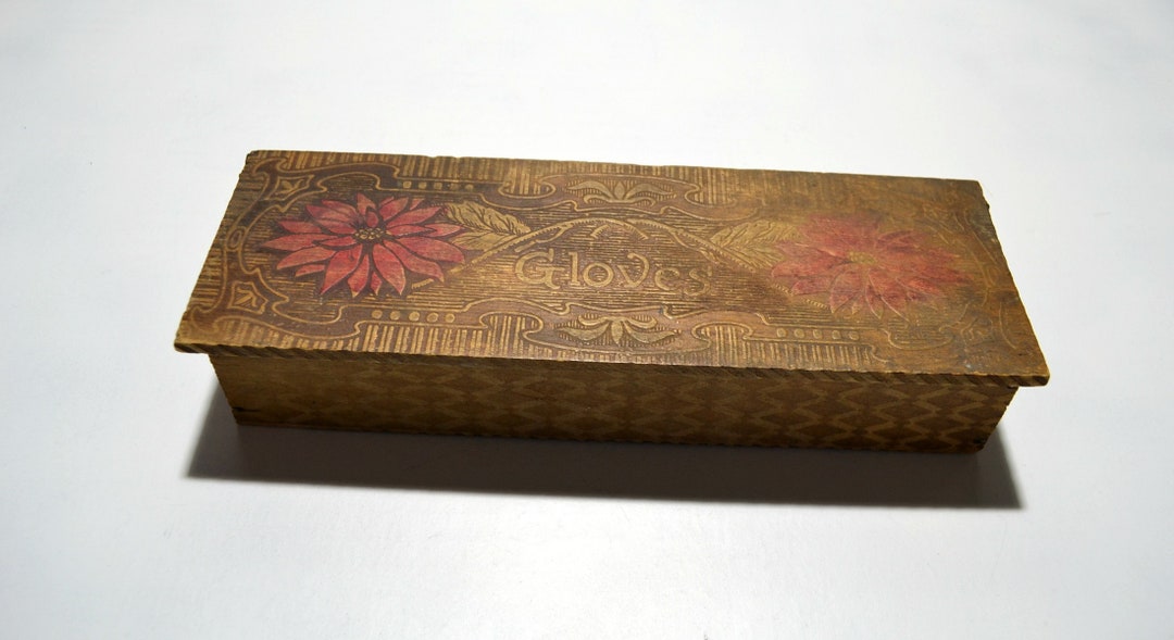 Vintage Antique Wooden Glove Box Wood Burned Pyrography Metal Hinged ...