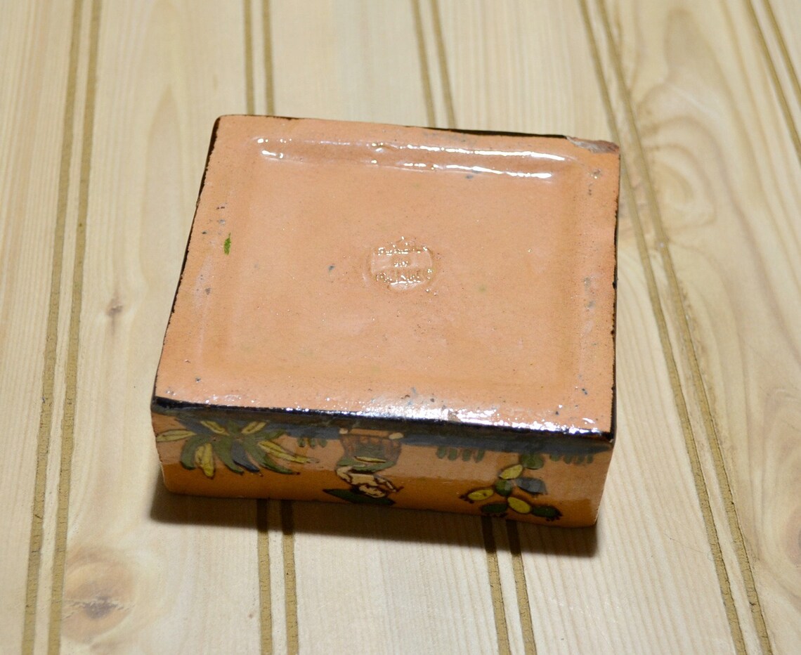 Vintage Glazed Red Clay Decorative Painted Square Trinket Dresser Box ...