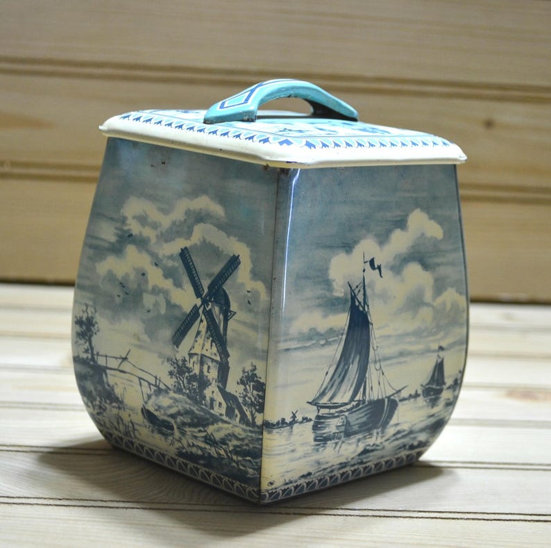 Vintage Blue & Ivory Biscuit Tin Container Tea Spices Square Decorative ...