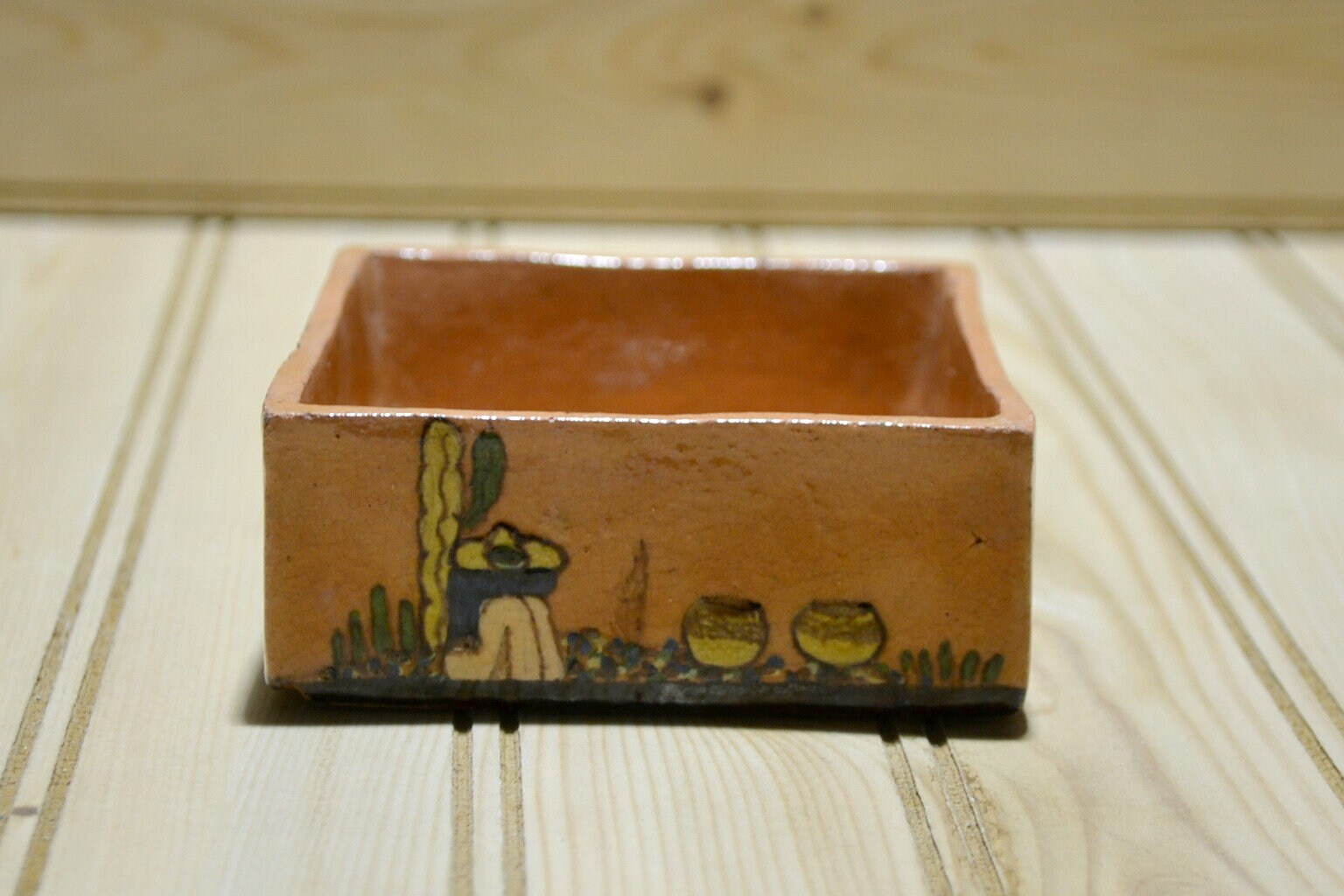 Vintage Glazed Red Clay Decorative Painted Square Trinket Dresser Box ...
