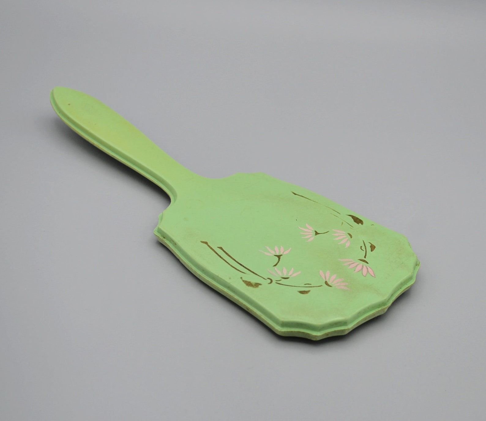 Vintage Art Deco Hand Mirror Vanity Green Pink Flowers Mid - Etsy