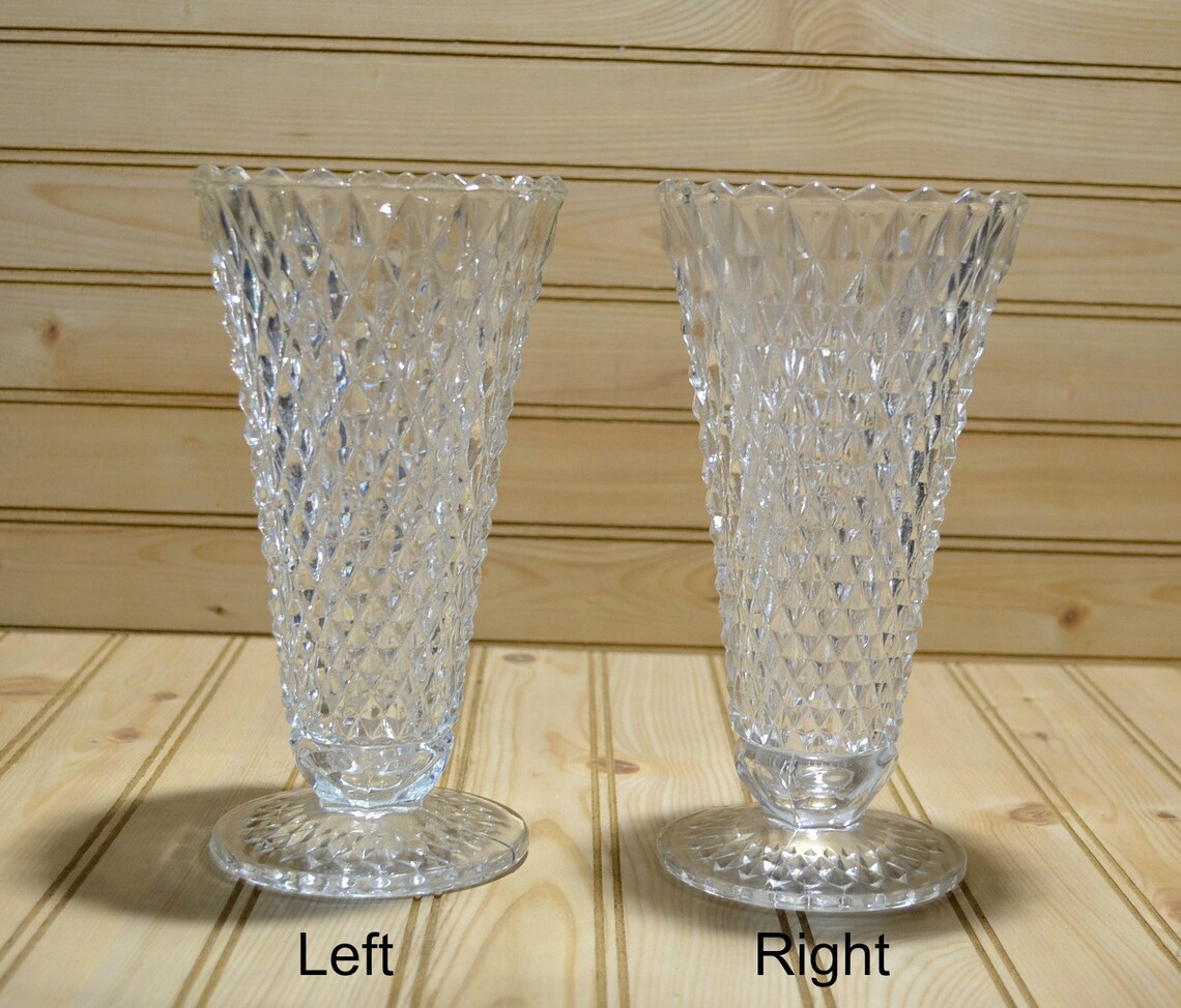 Vintage Diamond Cut Clear Glass Vase Pedestal Footed Base Fluted ...