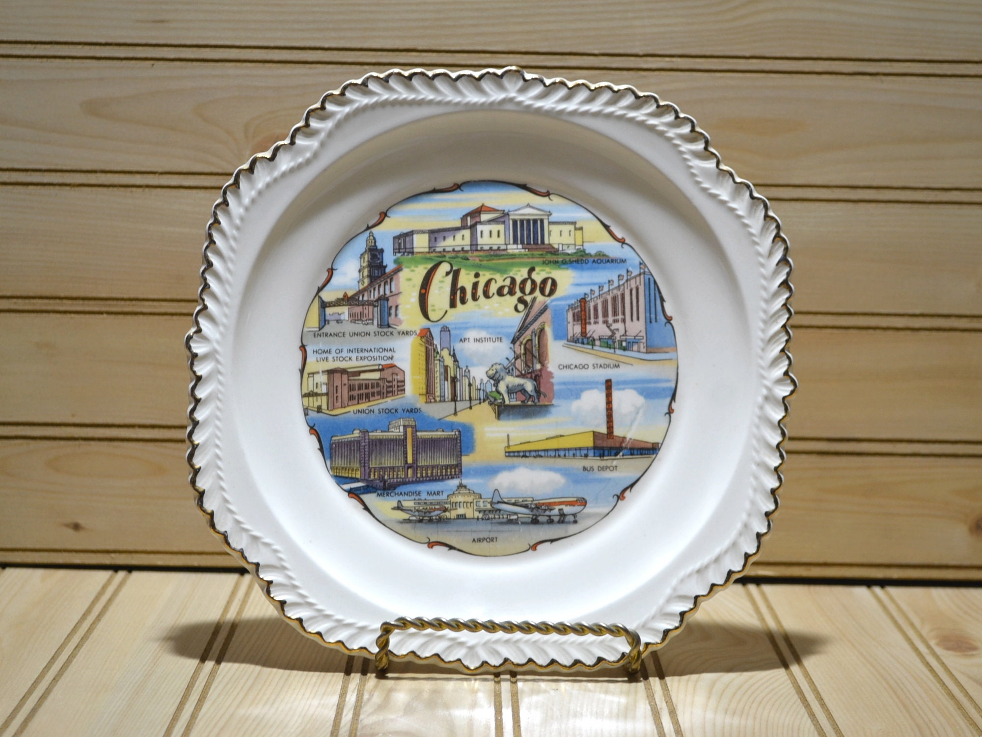 Vintage Mid Century Chicago Souvenir Plate Gold Trim Square - Etsy