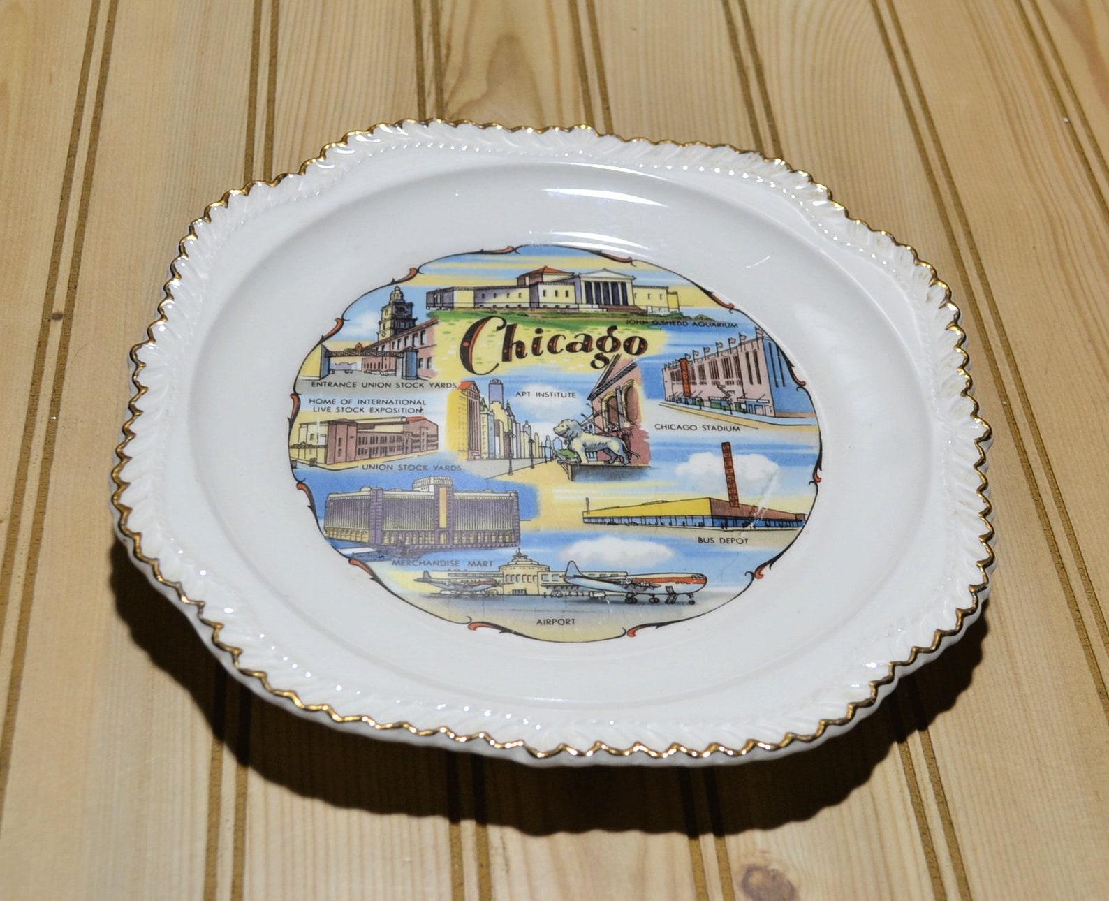 Vintage Mid Century Chicago Souvenir Plate Gold Trim Square | Etsy