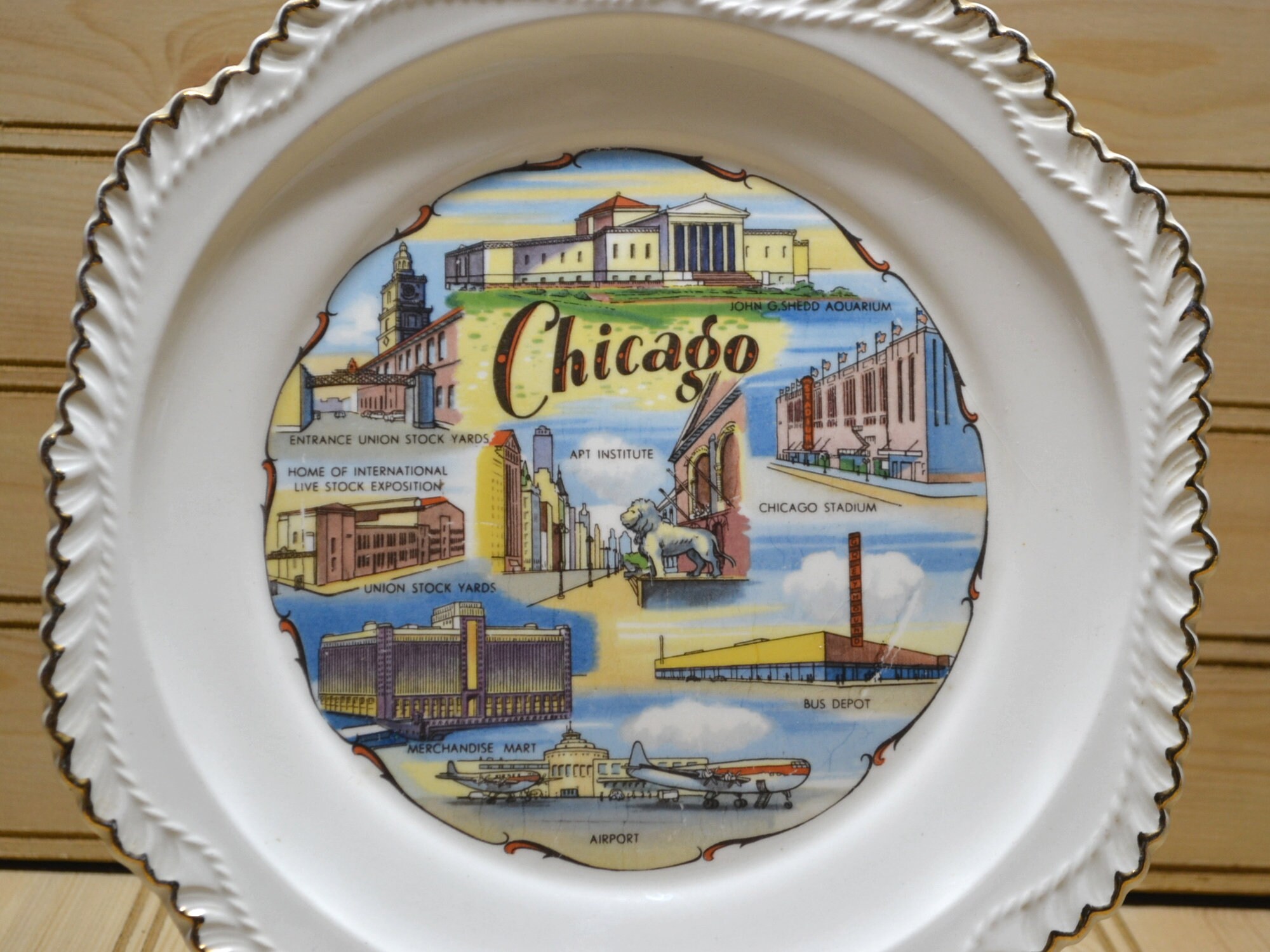 Vintage Mid Century Chicago Souvenir Plate Gold Trim Square - Etsy