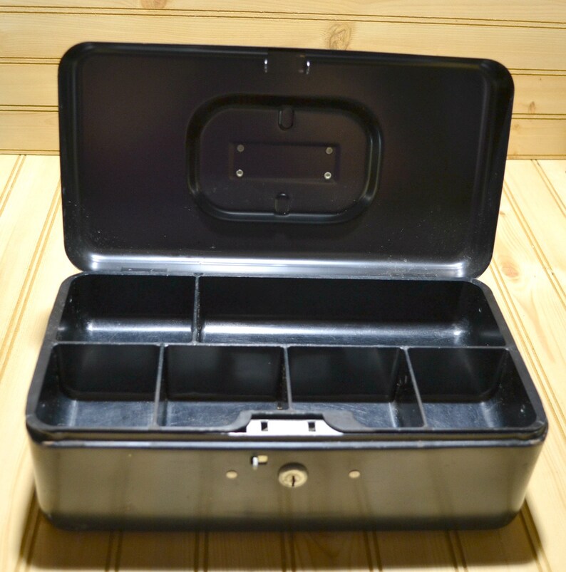 Vintage Metal Money Cash Storage Box Industrial Black Lit-ning Plastic ...