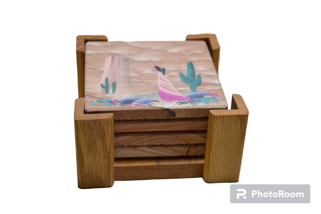 Vintage Sandstone Painted Coaster Set Southwest Design Cork Backing ...