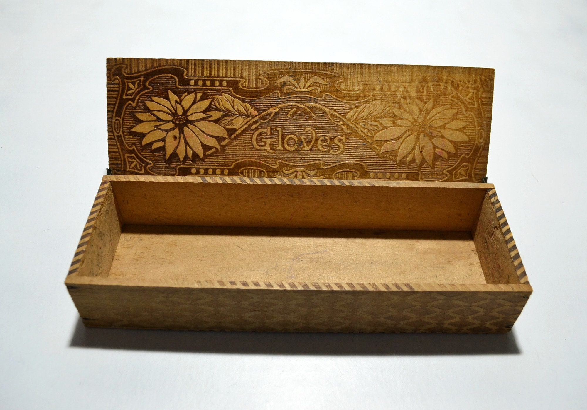 Vintage Antique Wooden Glove Box Wood Burned Pyrography Metal Hinged ...