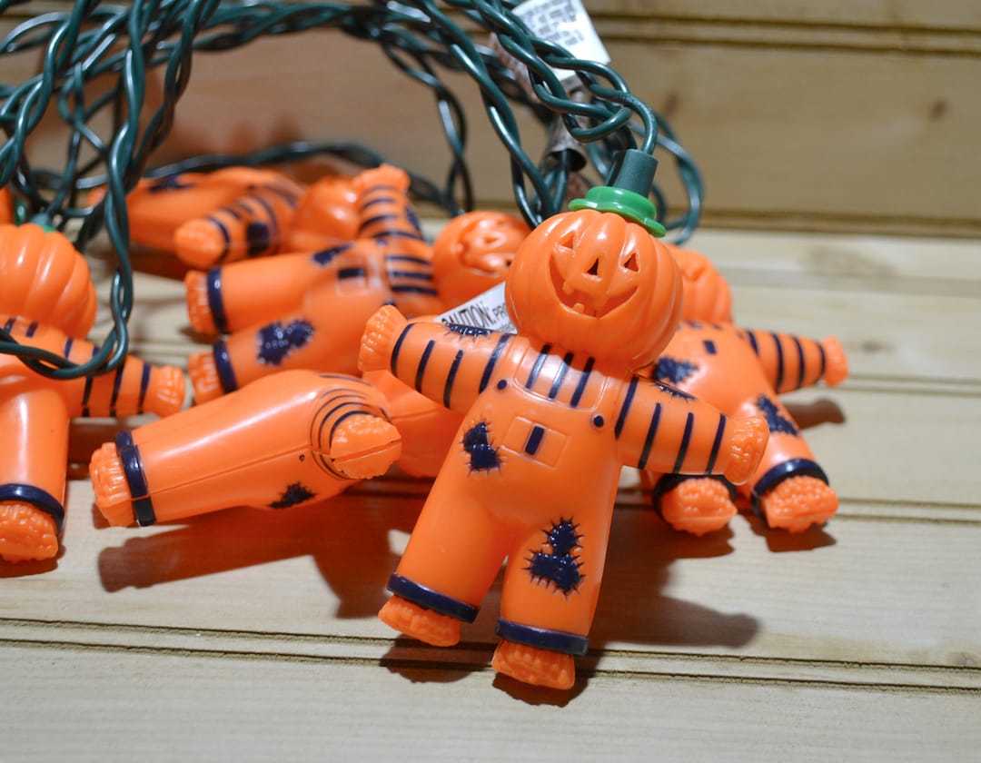 Vintage 10 Pumpkinhead Scarecrow Plastic String Lights 1990 Orange ...
