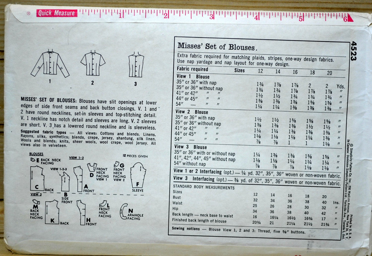 Vintage Misses Blouses Pattern Simplicity 4523 1960s Size 14 - Etsy