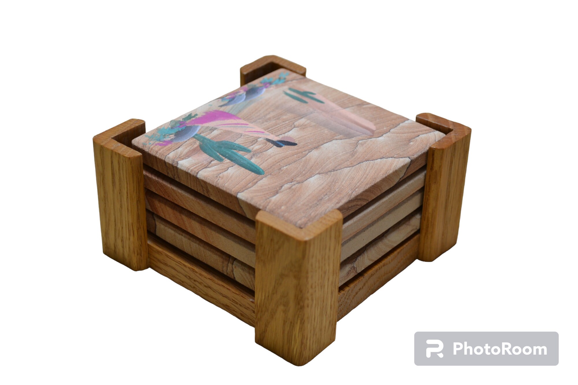 Vintage Sandstone Painted Coaster Set Southwest Design Cork Backing ...