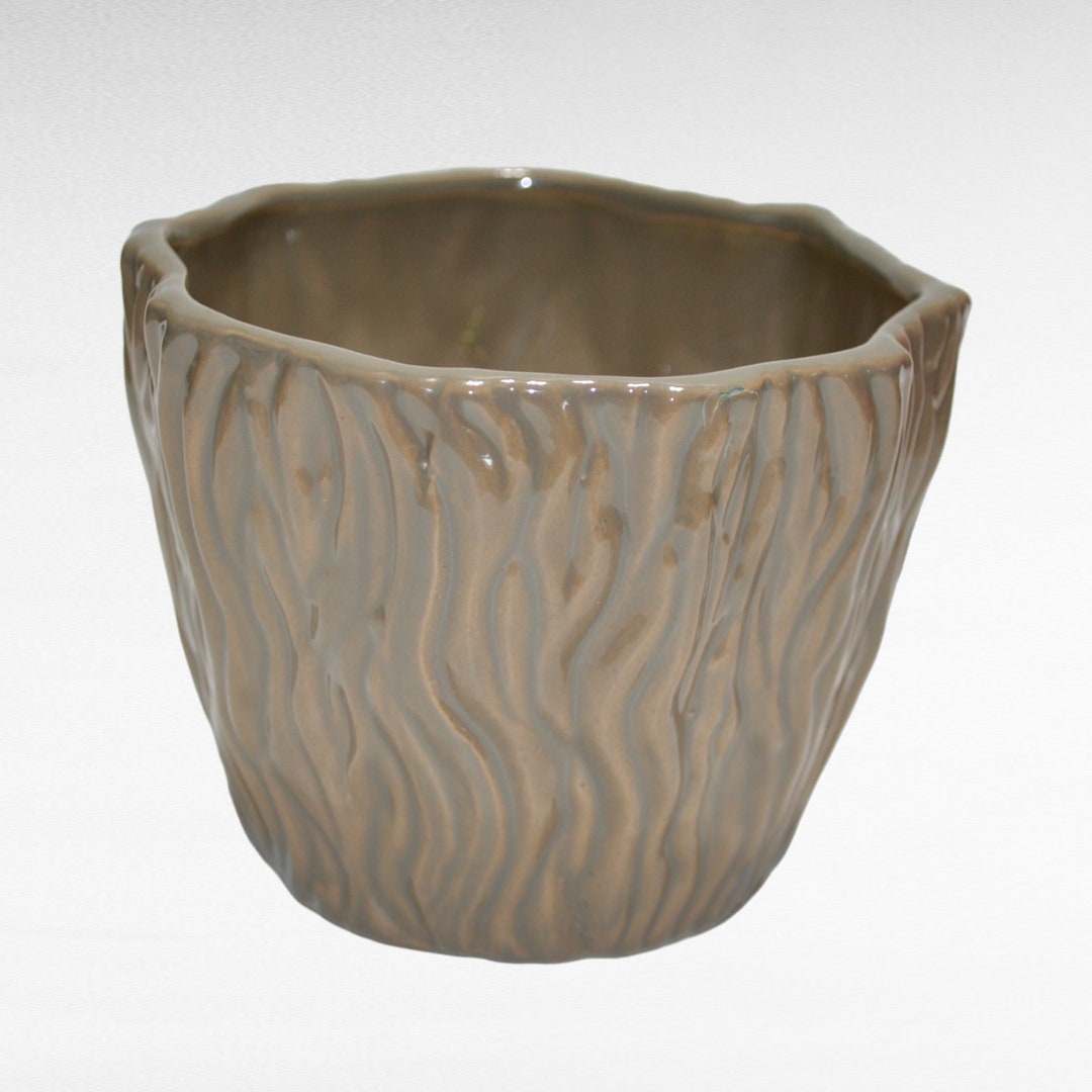 Vintage Tan/gray Tree Bark Textured Round Glazed Ceramic Pottery ...