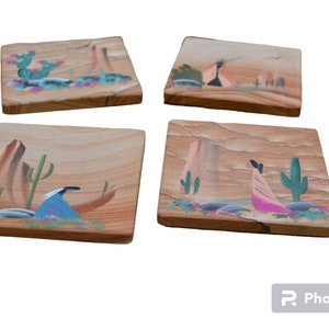 Vintage Sandstone Painted Coaster Set Southwest Design Cork Backing ...