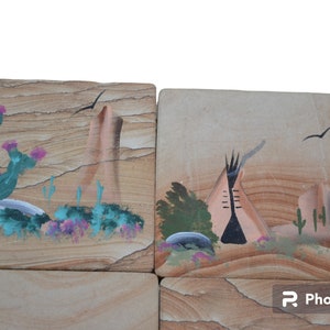 Vintage Sandstone Painted Coaster Set Southwest Design Cork Backing ...
