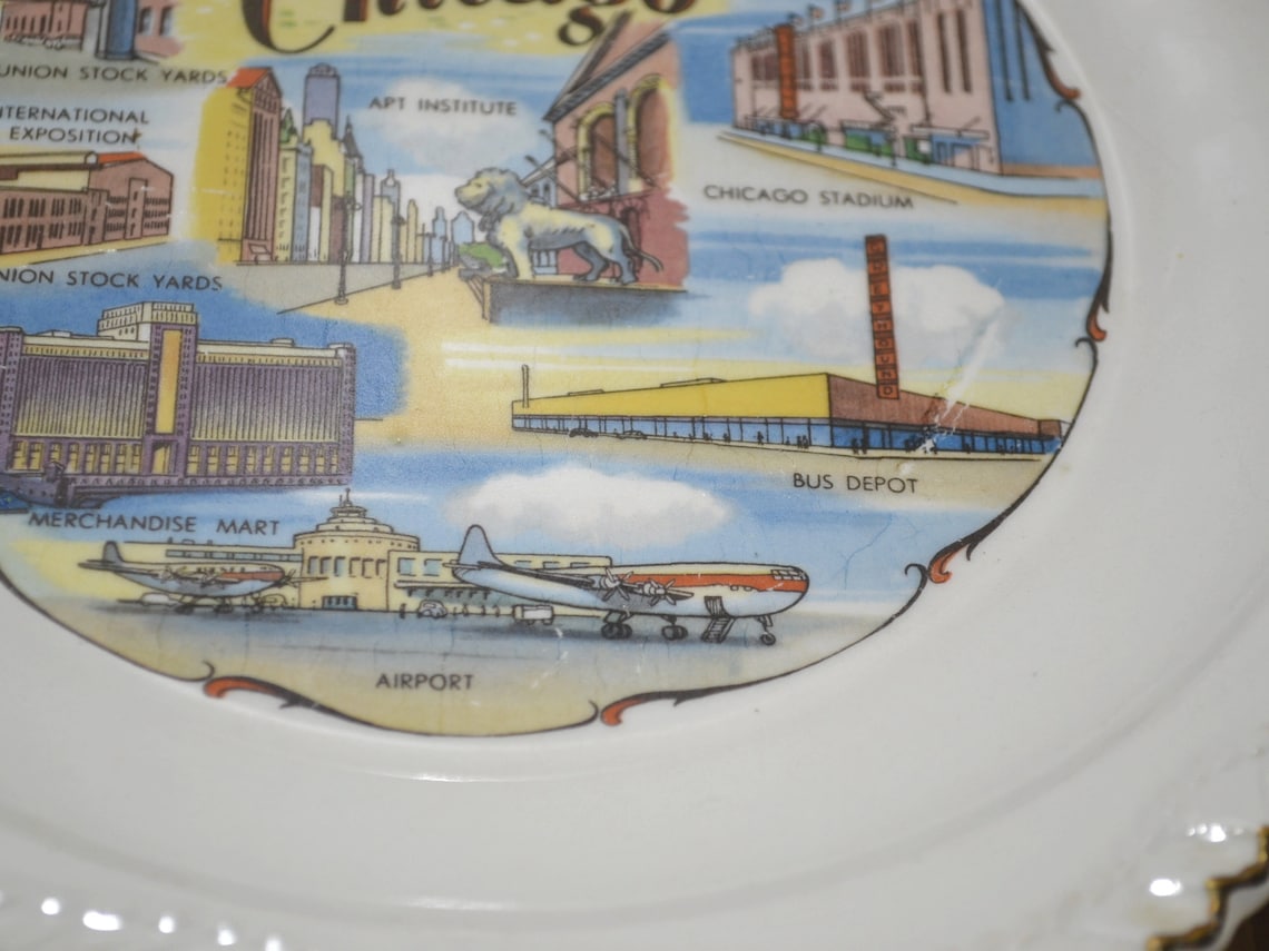 Vintage Mid Century Chicago Souvenir Plate Gold Trim Square | Etsy