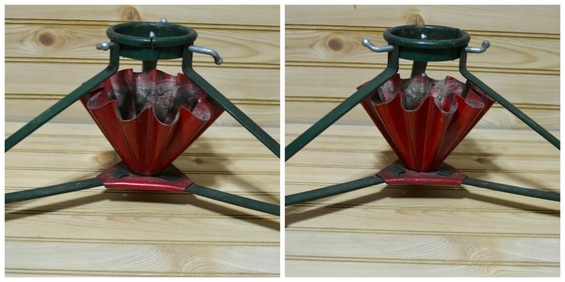 Vintage MCM Christmas Tree Stand Metal Holder Cut Tree Red Green Fluted ...