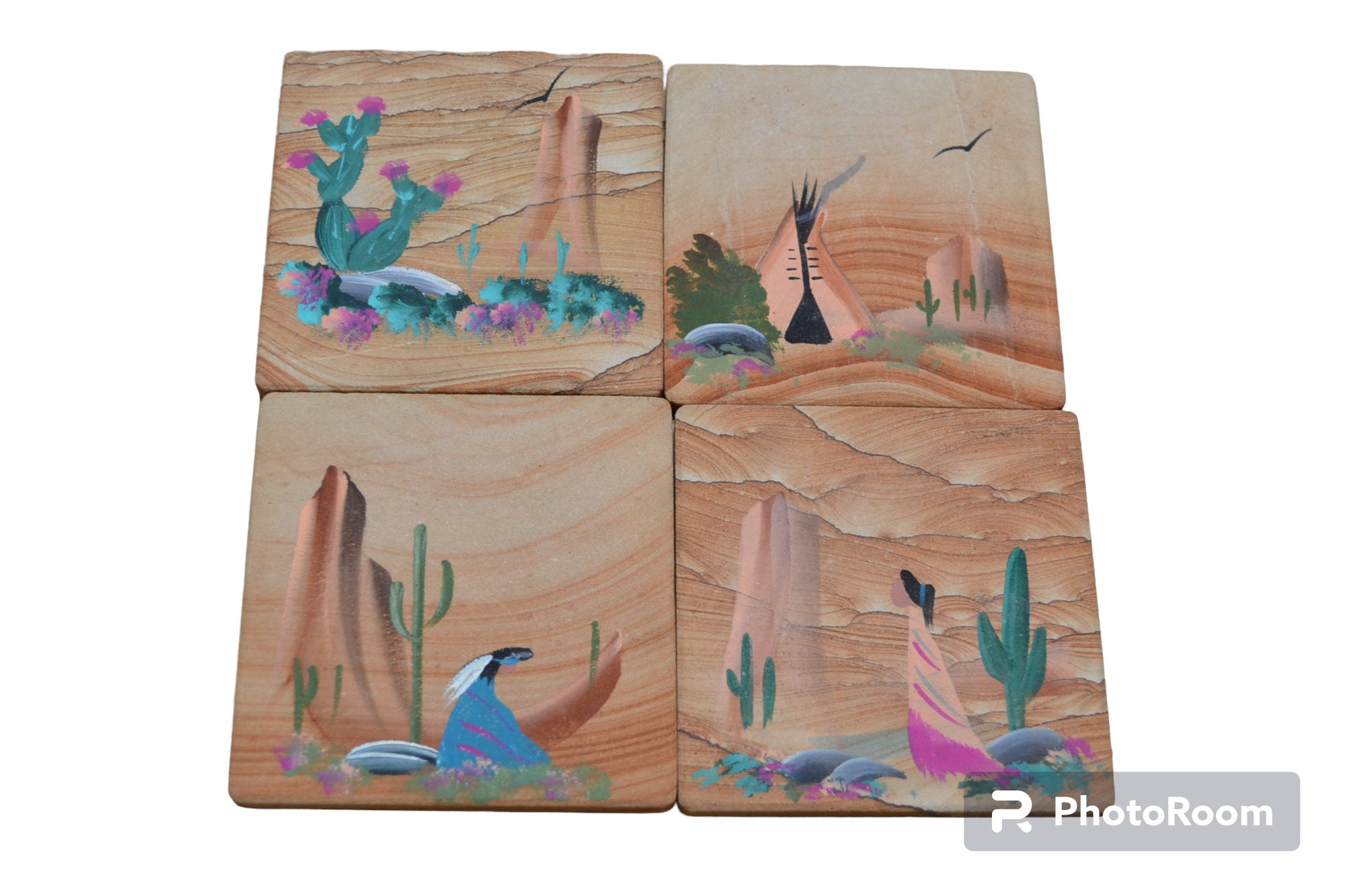 Vintage Sandstone Painted Coaster Set Southwest Design Cork Backing ...