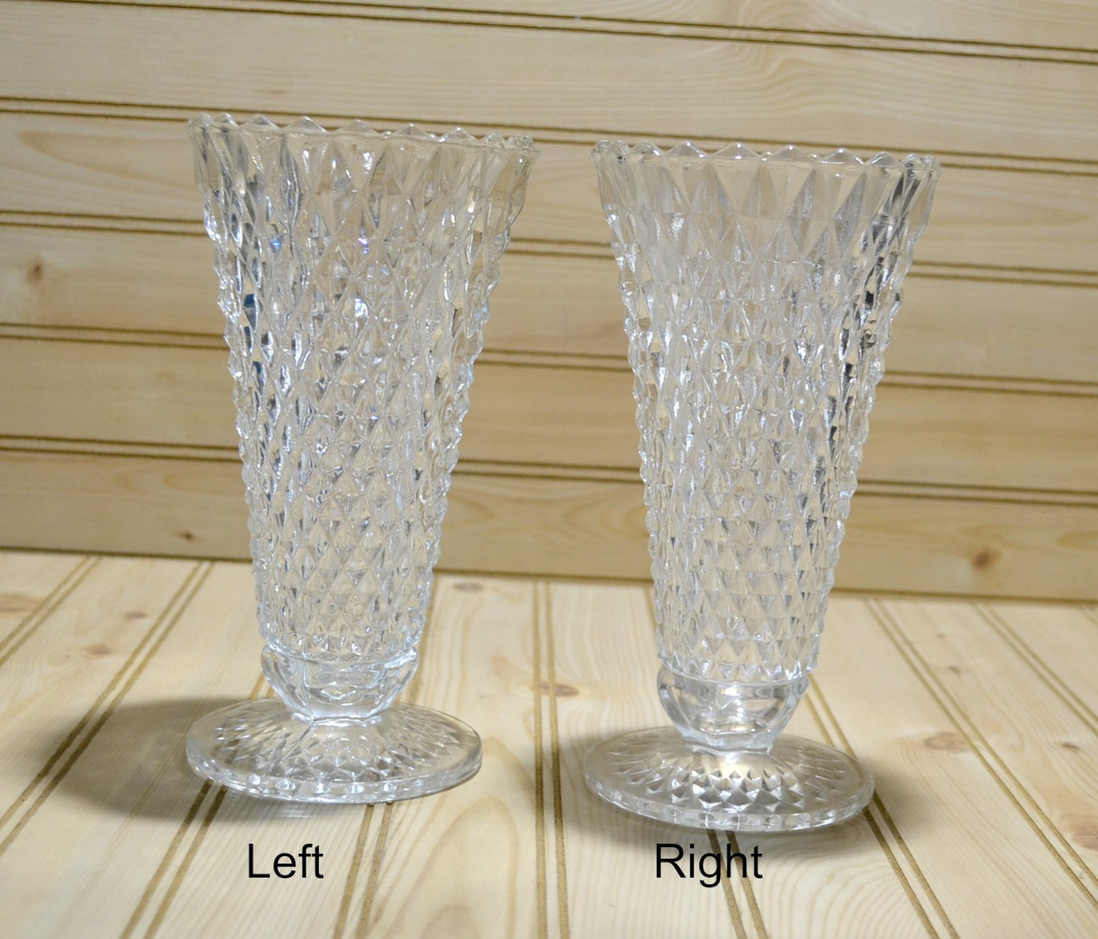Vintage Diamond Cut Clear Glass Vase Pedestal Footed Base Fluted ...