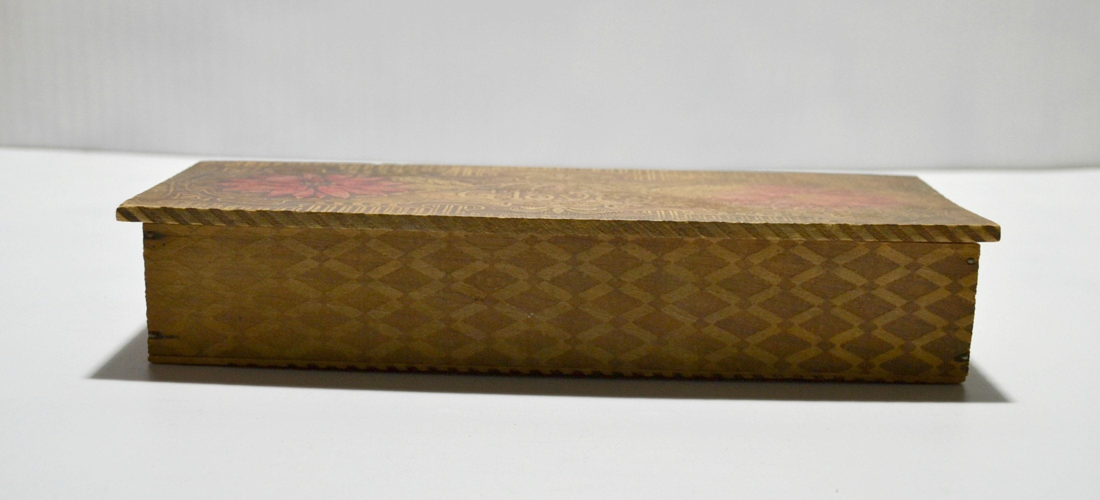 Vintage Antique Wooden Glove Box Wood Burned Pyrography Metal Hinged ...