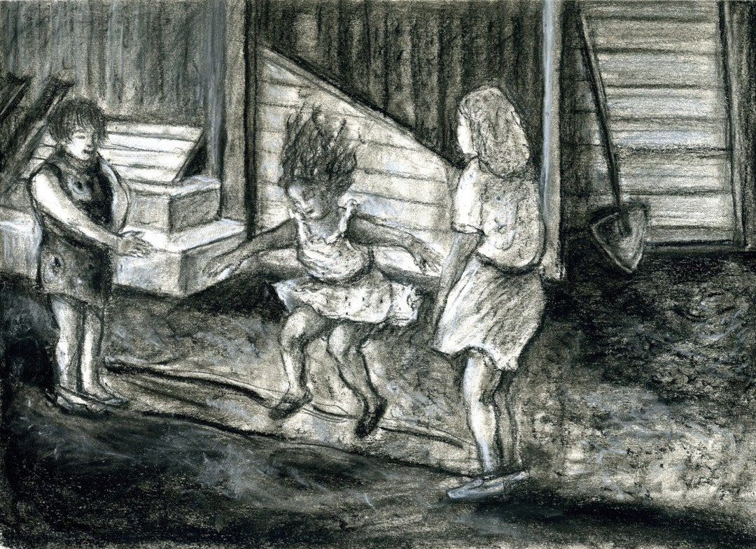 Charcoal and Pastel Drawing of Girls Playing a Rope Game in an Alley - Etsy